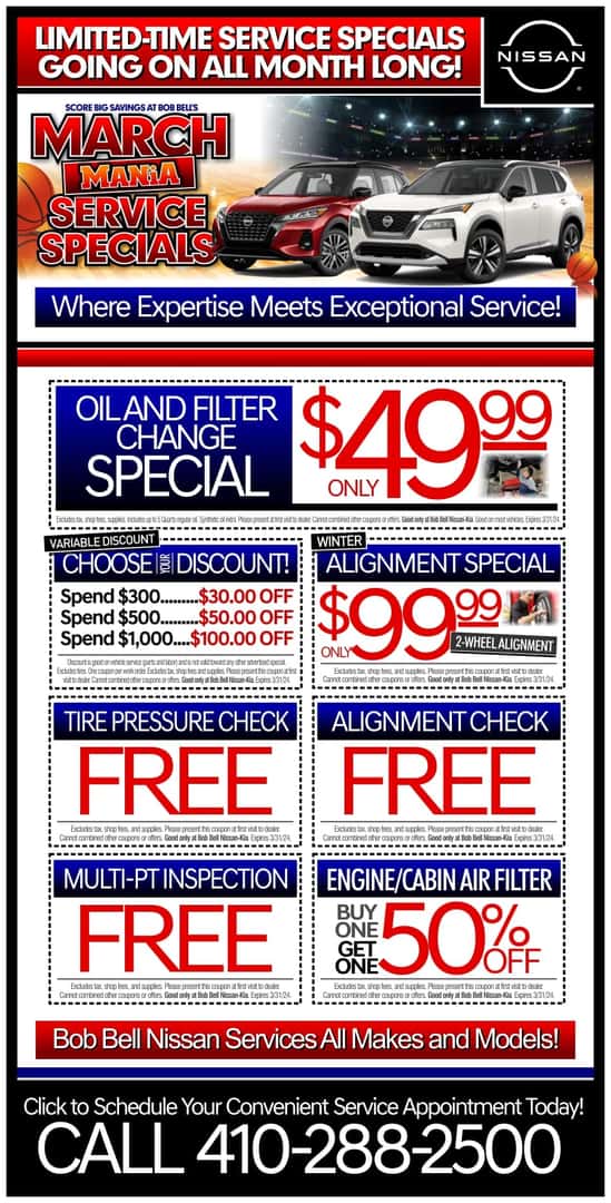 Nissan Service Specials - Oil Change, Brakes, Alignment, TIres, Air ...
